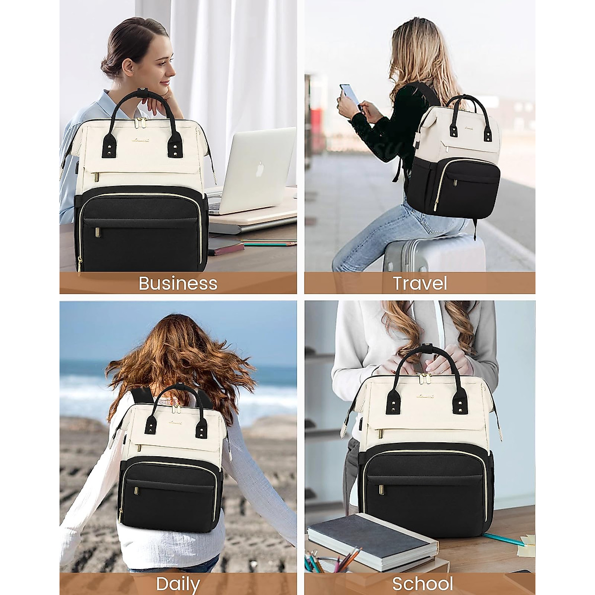 LOVEVOOK Laptop Backpack for Women Fashion Business Computer Backpacks Travel Bags Purse Student Bookbag Teacher Doctor Nurse Work Backpack with USB Port, Fits 17-Inch Laptop Beige-Black