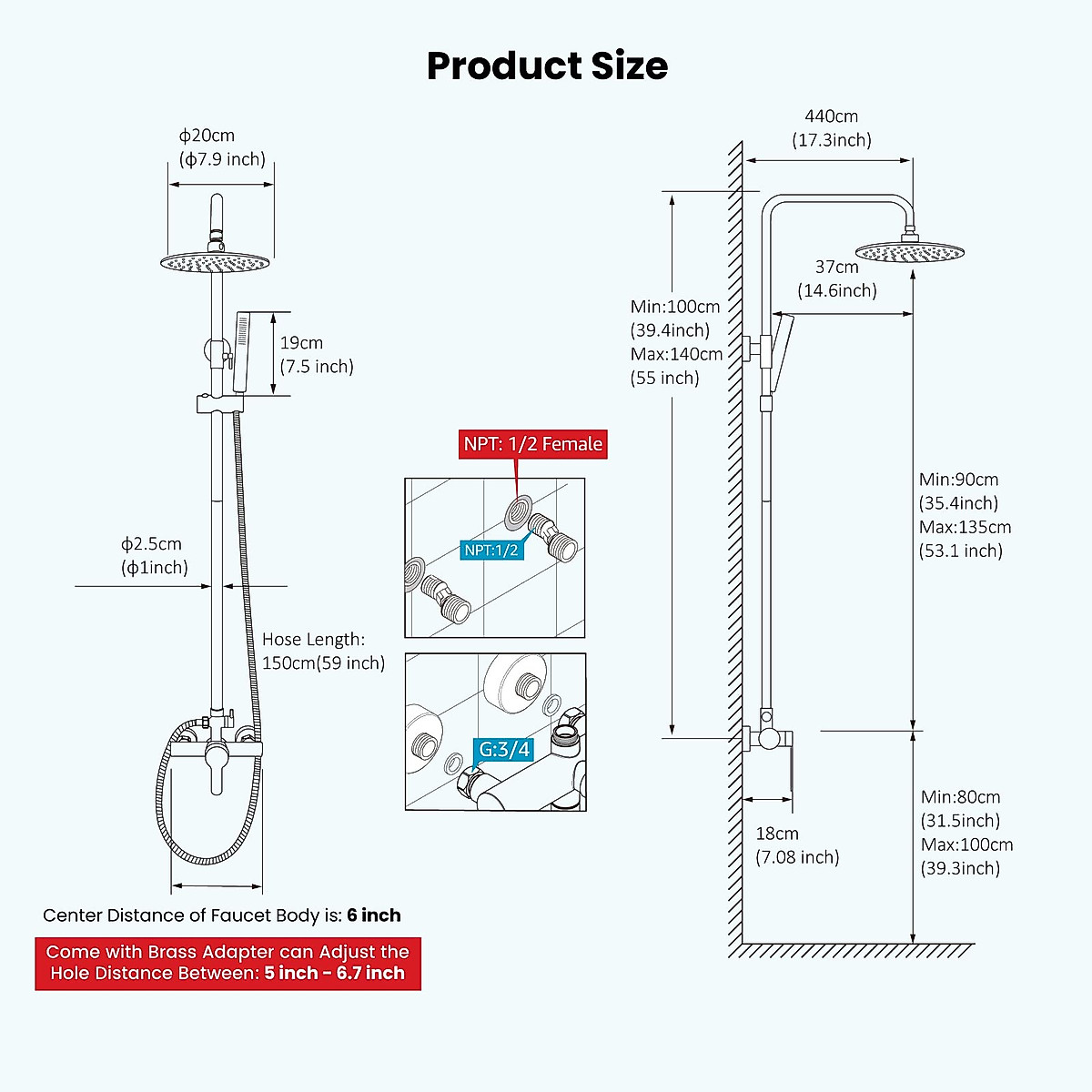 gotonovo Outdoor Shower Faucet Sets Brushed Nickel 304 Stainless Steel Shower Head with 2 in 1 Cylinder Handheld Spray 2 Function Exposed Shower Combo Set Wall Mount Single Handle