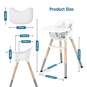 Bellababy Baby High Chair, Classic Wooden Baby High Chair for Babies & Toddlers, 5-Point Harness, Removable Tray, Ergonomic Seat Back, Easy to Assemble and Clean, Lightweight, White