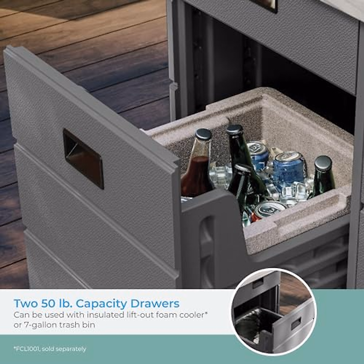 Suncast Backyard Oasis Entertainment Pull-Out Drawers and Shelving Space, Water-Resistant Outdoor Food and Bar Unit, Gray