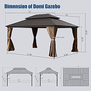 Domi 10' X 14' Hardtop Gazebo, Aluminum Metal Gazebo with Galvanized Steel Double Roof Canopy, Curtain and Netting, Permanent Gazebo Pavilion for Party, Wedding, Outdoor Dining, Brown