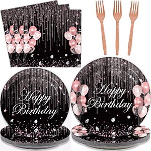 chiazllta 96 Pcs Black Rose Gold Party Disposable Paper Plate and Napkins Pink Rose Gold Birthday Party Table Decoration Supplies Pink Glitter Party Paper Plate Napkin Fork for Party Favors 24 Guests