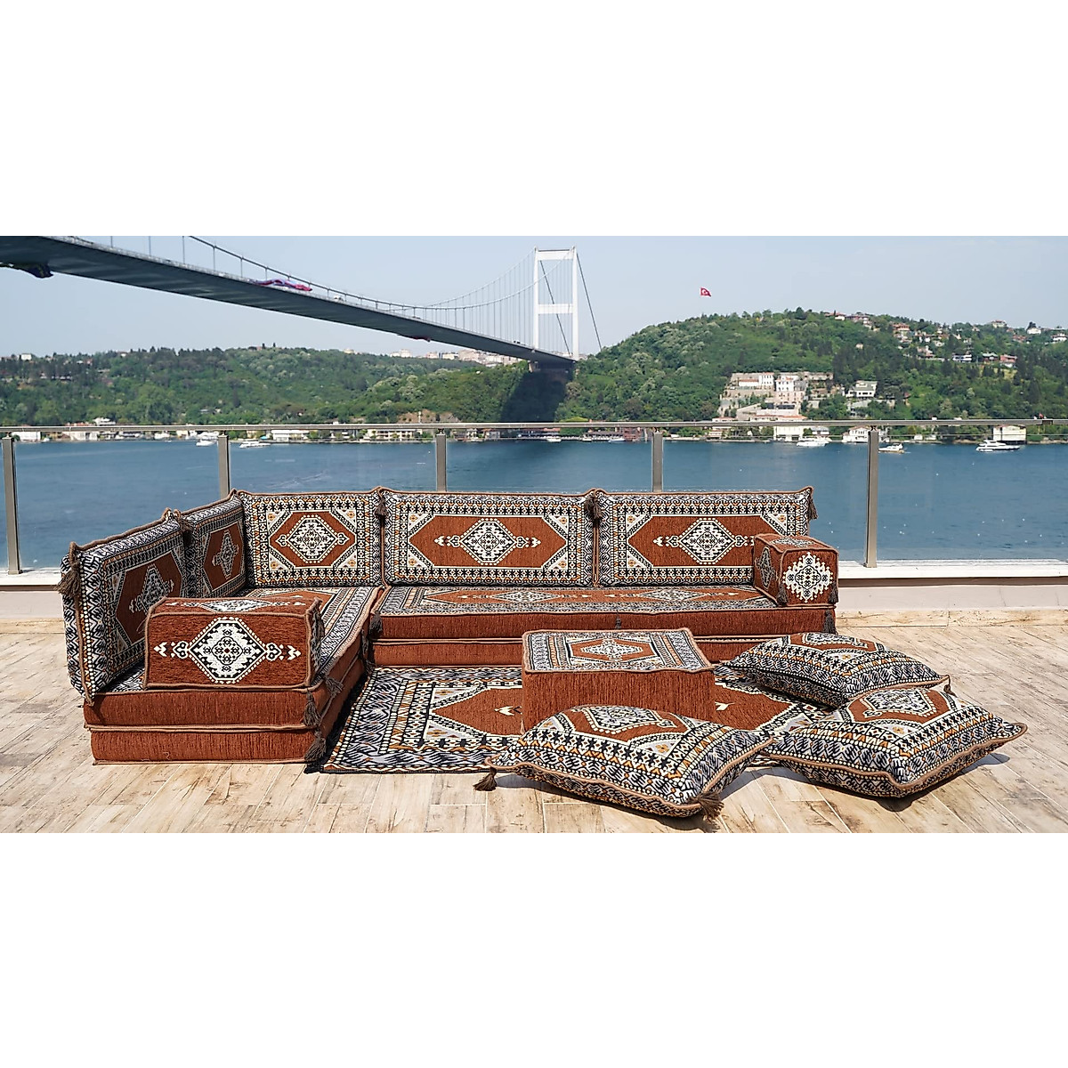 Brown Floor Cushions, Modern Arabic Majlis Set, Floor Sofa Set, Ethnic Sofa, Arabic Jalsa, Moroccan Sofa, Sectional Sofa with Ottoman, Sleeper Sofa (L Sofa + Rug + Poufs)