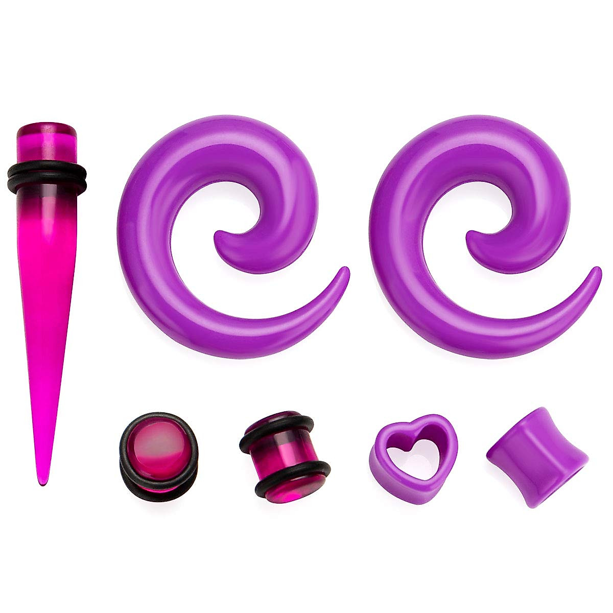 JDXN 64PCS Acrylic Gauge Kit Tapers + Heart Tunnels + Plug With O Ring + Spiral Tapers 14G-00G Stretching Set (Purple)