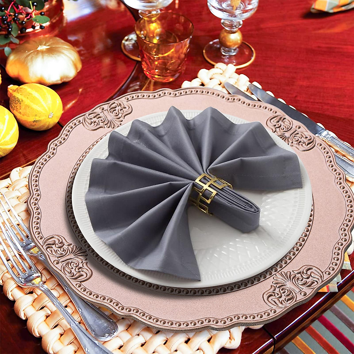 MAONAME 13" Rose Glod Charger Plates, Set of 6, Antique Charger Plates, Plastic Plate Chargers, Wedding Reception Chargers Plate Chargers for Dinner