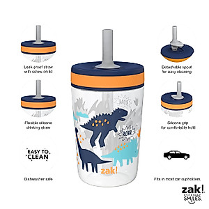 Zak Designs Kelso Toddler Cups For Travel or At Home, 15oz 2-Pack Durable Plastic Sippy Cups With Leak-Proof Design is Perfect For Kids (DinoRoar, Zaksaurus)