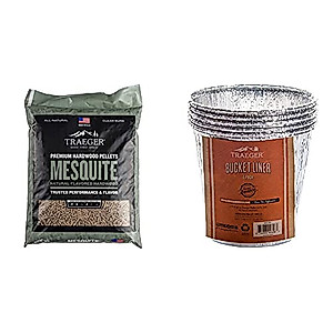 Traeger Grills PEL305 Mesquite 100% All-Natural Hardwood Pellets Grill, Smoke, Bake, Roast, Braise and BBQ, 20 lb. Bag & Grills BAC407z 5-Pack Bucket Liner, Basic Pack