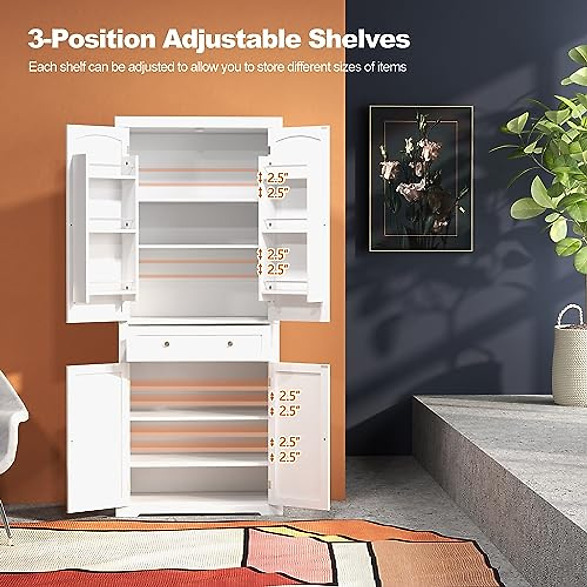 SILKYDRY 72" Tall Kitchen Pantry Cabinet, Freestanding Cupboard w/ 4 Doors & 1 Drawer, 6 Hanging Shelves & 4 Adjustable Shelves, Versatile Storage Cabinet for Dining Room, Laundry, Living Room, White