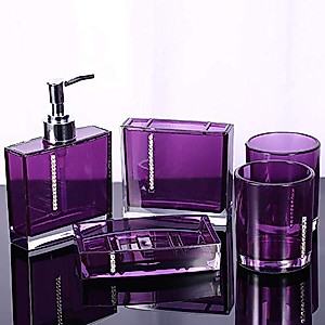 Bathroom Accessory Set, 5 PCs Acrylic Home Bathroom Designer with Bath Cup Bottle Toothbrush Holder Soap Dish for Home Hotel Train Travel, Dark Purple