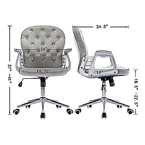Haplized Velvet Home Office Chair with Wheels, Cute Desk Chair with Side Arms and Wheels 360°, Height Adjustable Armchair for Living Room, Bedroom, Vanity Room, Bling Desk Nail Desk for Women (Grey)