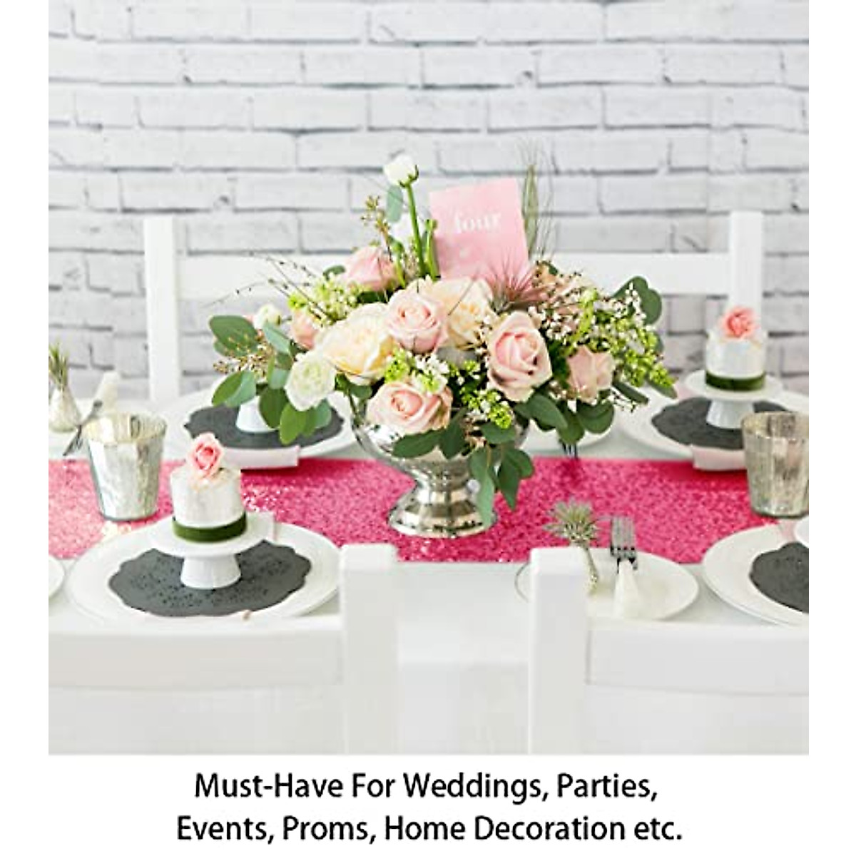 ShinyBeauty Hot Pink Table Runners Pack of 2 Sequin Table Runners 12inx108in Table Runners for Weddings Fuchsia Glitter Table Runner for Party Fall Dining Table Runner