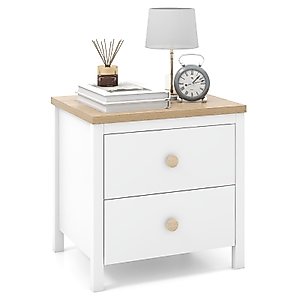 Giantex Night Stand with 2 Drawers, Farmhouse Bedside Table with Cute Round Knobs, Wooden Floor End Table with Rubber Wood Legs, Small Sofa Side Table for Small Space Kids Bedroom College, White