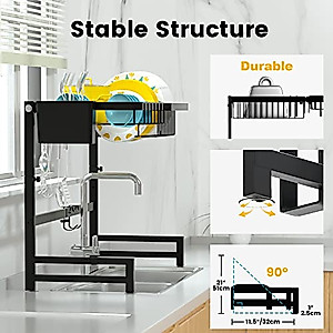 MERRYBOX Over The Sink Dish Drying Rack, SS65-03 Adjustable Length (25.6-33.5in) and Height Over Sink Dish Rack, Dish Drainer with Dishware Holder & Hooks for Kitchen Sink Organizer Space Saver
