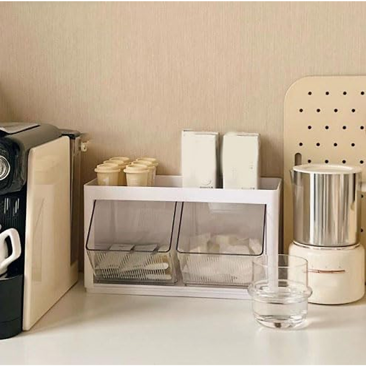 Tea Bag Storage Rack, Multifunctional Space Saving Compact Wall Mounted Coffee Capsule Holder for Office Pantry (Cream White)