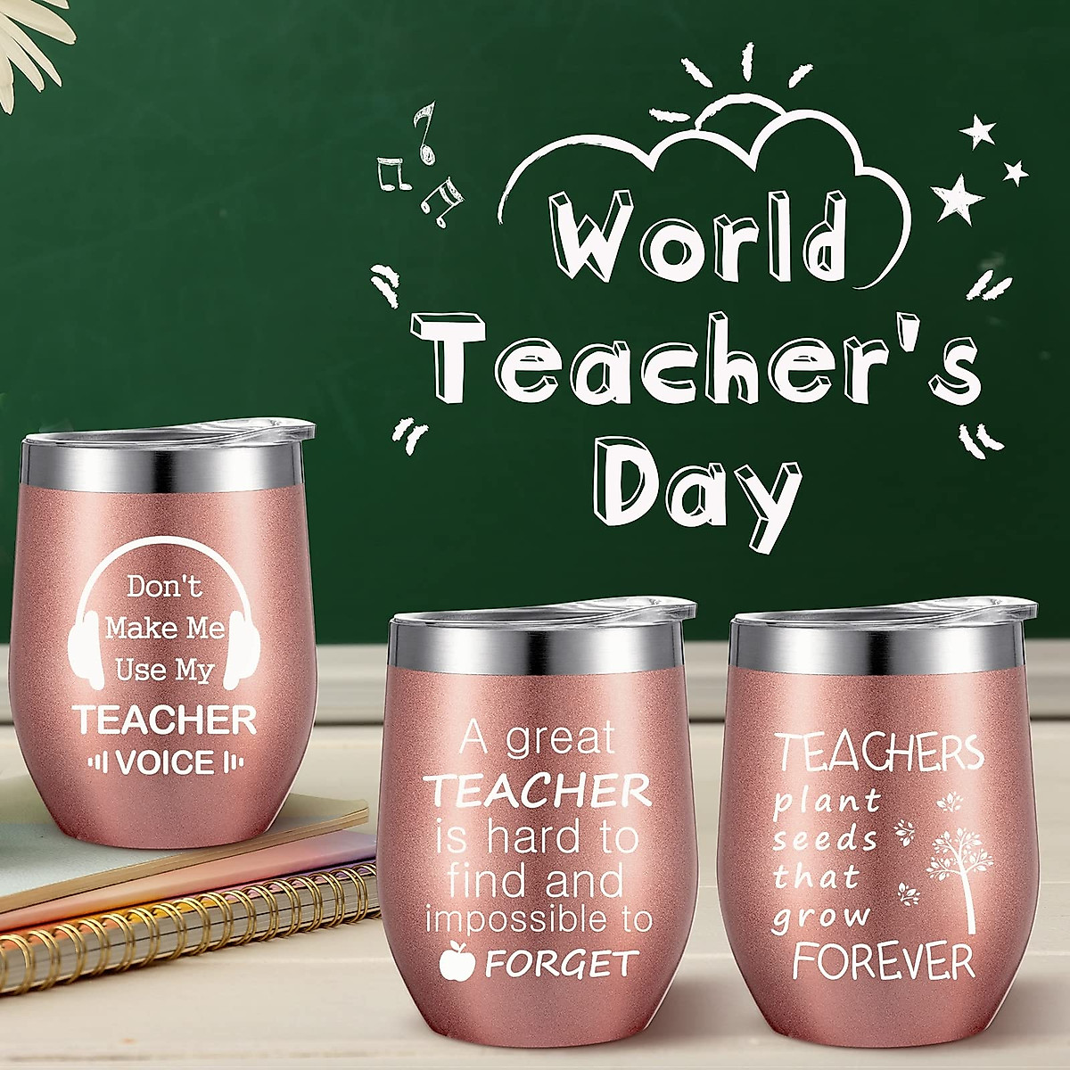 Geiserailie 10 Pcs Teacher Appreciation Gift Teacher Wine Tumbler in Bulk for Women Thank You Wine Cup with Straws Lids and Brushes Valentines Day Gift for Teacher Thank You Gift (Rose Gold, 12oz)