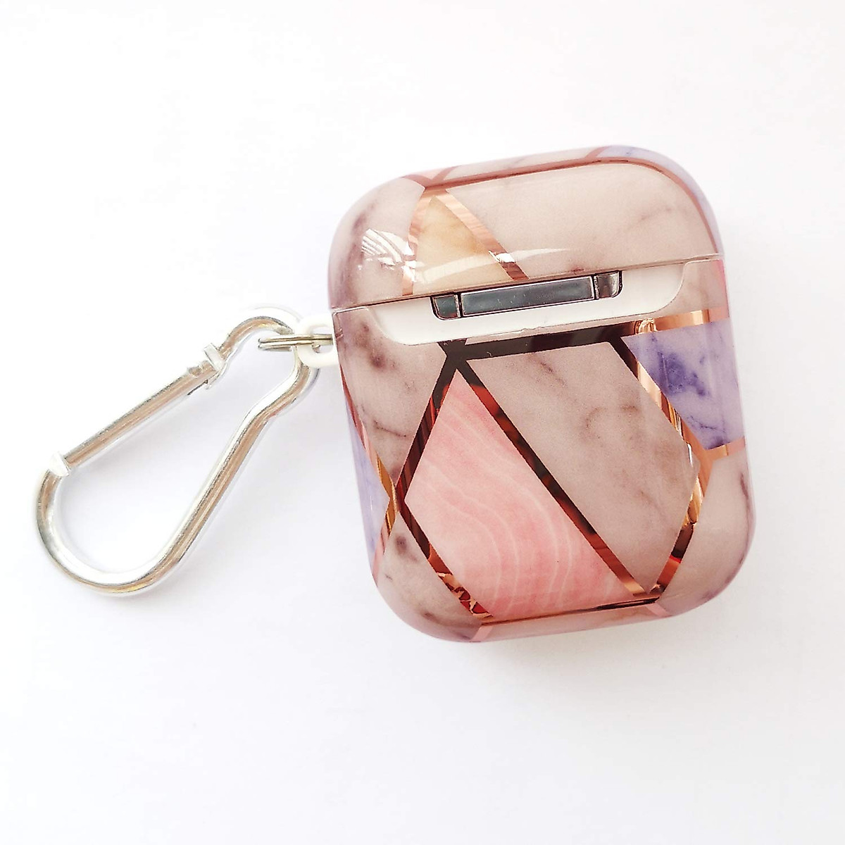 Qokey Compatible with Airpods Case,Bling Marble Soft Silicone Case Cover Wireless Charging Case Portable & Shockproof Women Girls Men with Carabiner Protective Case for AirPods 1 & 2,Rose Gold Marble