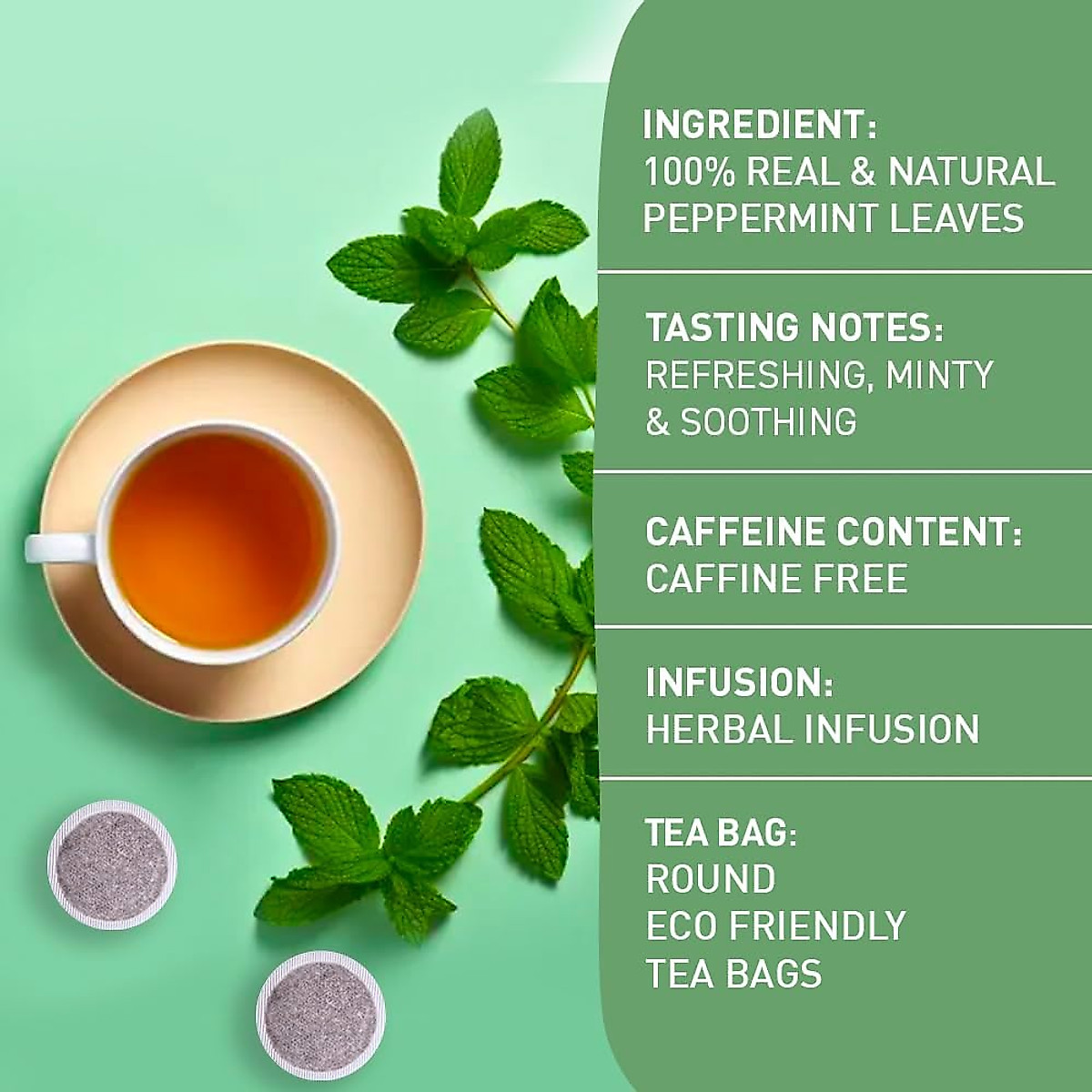 HANDPICK, Peppermint Tea Bags (100 Herbal Tea Bags) Caffeine Free, Non-GMO - Minty, Fresh & Cool flavor | Premium Round Eco Conscious Tea Bags