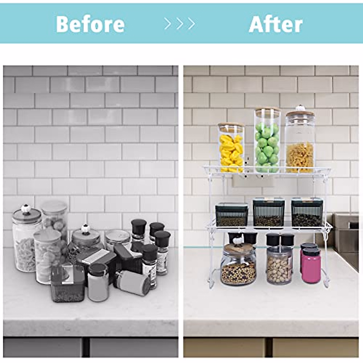 Qboid Sp Stackable Cabinet Shelf - 4 Pack Racks - Large（15x7.6x9.0） Counter & Pantry Organizer Organization, Canned Goods, Condiments - Kitchen [White]