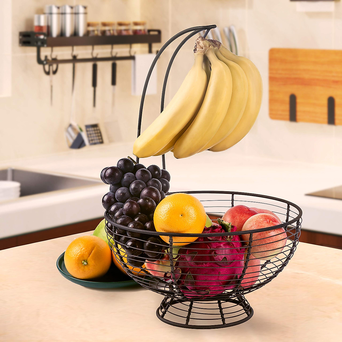 TIEYIPIN [ Extra Large Fruit Basket Bowl with Banana Hanger, Detachable Wire Banana Holder Hook Kitchen Storage Baskets Stand - Brown