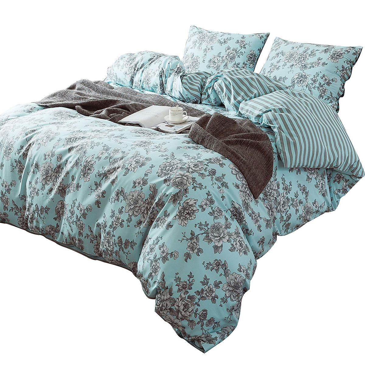 ANNA.Z HOME 3-Piece Cotton Duvet Cover Set. 100% Cotton Percale Fabric. Real Reversible Design. Pre-Washed Printed Fabrics. Soft and Easy Care. Modern Farmhouse Style. (Green, King Set)