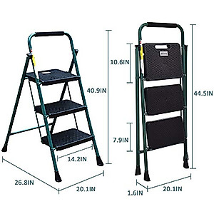 HBTower 3 Step Ladder, Folding Step Stool with Wide Anti-Slip Pedal, 500 lbs Sturdy Steel Ladder, Convenient Handgrip, Lightweight, Portable, Green and Black