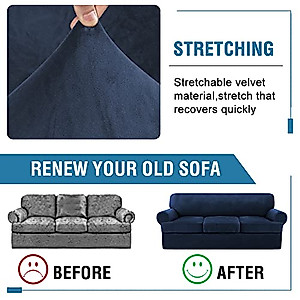 H.VERSAILTEX Sofa Cover 4 Piece T Cushion Sofa Slipcovers Thick Velvet Couch Cover Furniture Protector Stretch T Cushion Sofa Covers for 3 Cushion Couch with 3 Individual T Cushion Covers, Navy