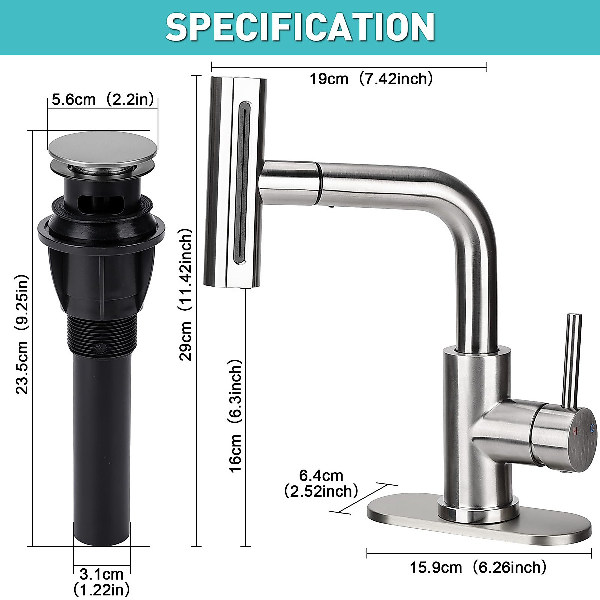 Bietor Bathroom Sink Faucet with Pull Down Sprayer, 4 Mode Brushed Nickel Bathroom Faucet, Single Handle Tall Bathroom Faucet 1 or 3 Hole with Pop-up Drain & Deck Mount Plate