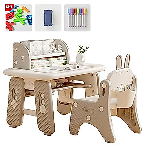 Kids Functional Desk and Chair Set with Storage Space,Adjustable Height, Ergonomic,Easy to Wipe Graffiti Table and Chairs for Children Reading,Drawing,Eating,Studying,Parent-Child Interaction