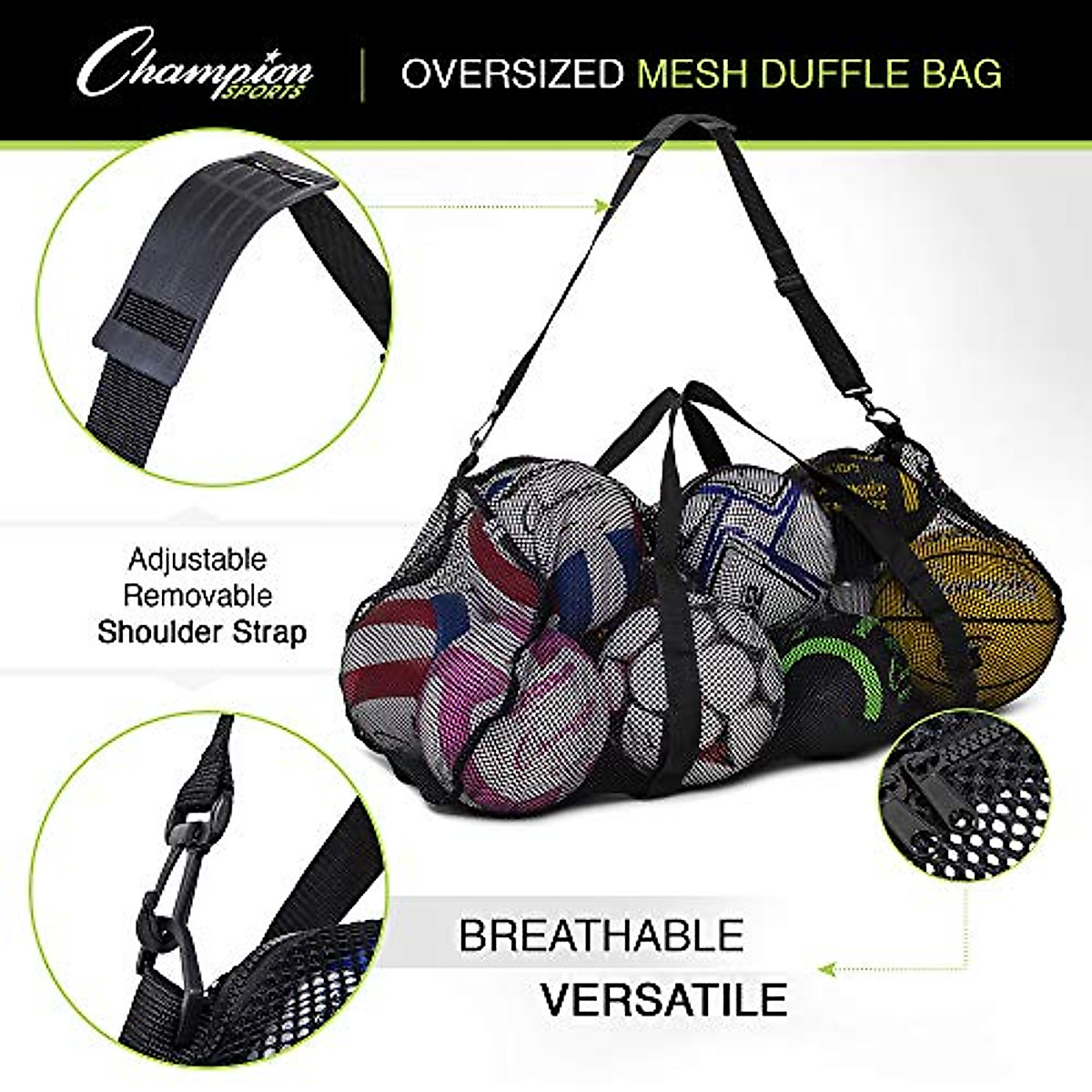 Champion Sports Mesh Duffle Bag with Zipper and Adjustable Shoulder Strap - Multipurpose 15” x 36” Gym Bag for Equipment, Sports Gear, Laundry - Breathable Mesh Scuba and Travel Bag in Multiple Colors