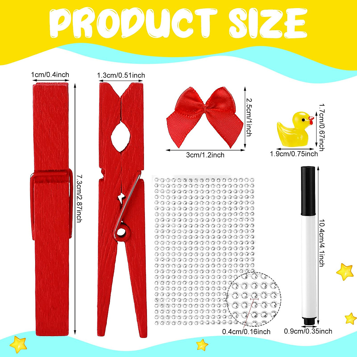 Dingion 60 Set Cheer Pins Spirit Clips Include 60 Wooden Cheer Clothes Pins 30 Mini Resin Ducks 30 Mini Bows and Self Adhesive Stickers Pen Glue Ribbon for Cheerleading Backpacks Cheer Gifts(Colorful)