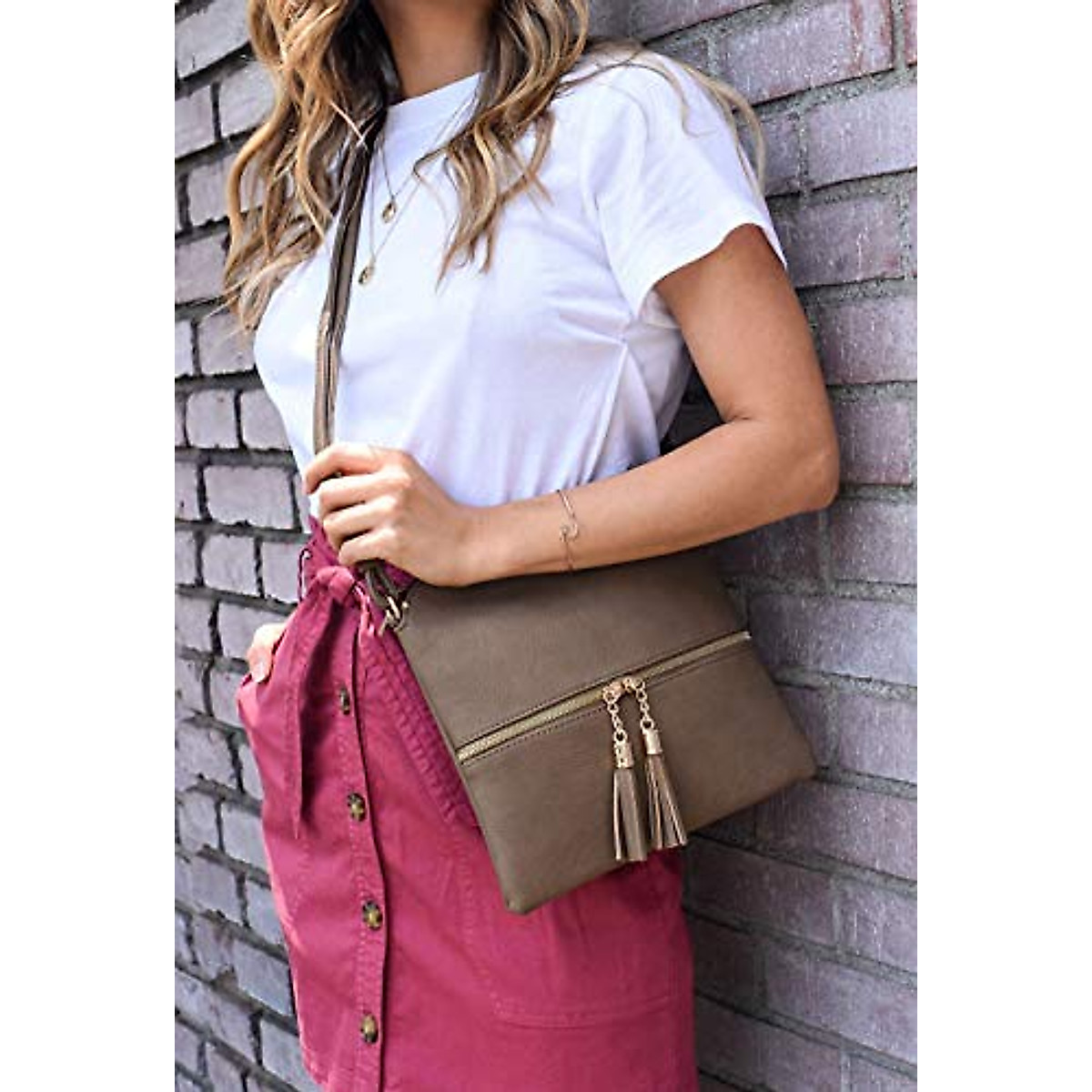 SG SUGU Lightweight Medium Crossbody Bag Shoulder Bag with Tassel and Zipper Pocket (White)