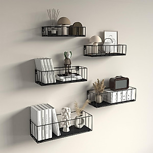 CRUGLA Black Floating Shelves Wall Mounted Set of 5, Hanging Wall Shelf with Rail for Bathroom, Bedroom, Living Room, Kitchen