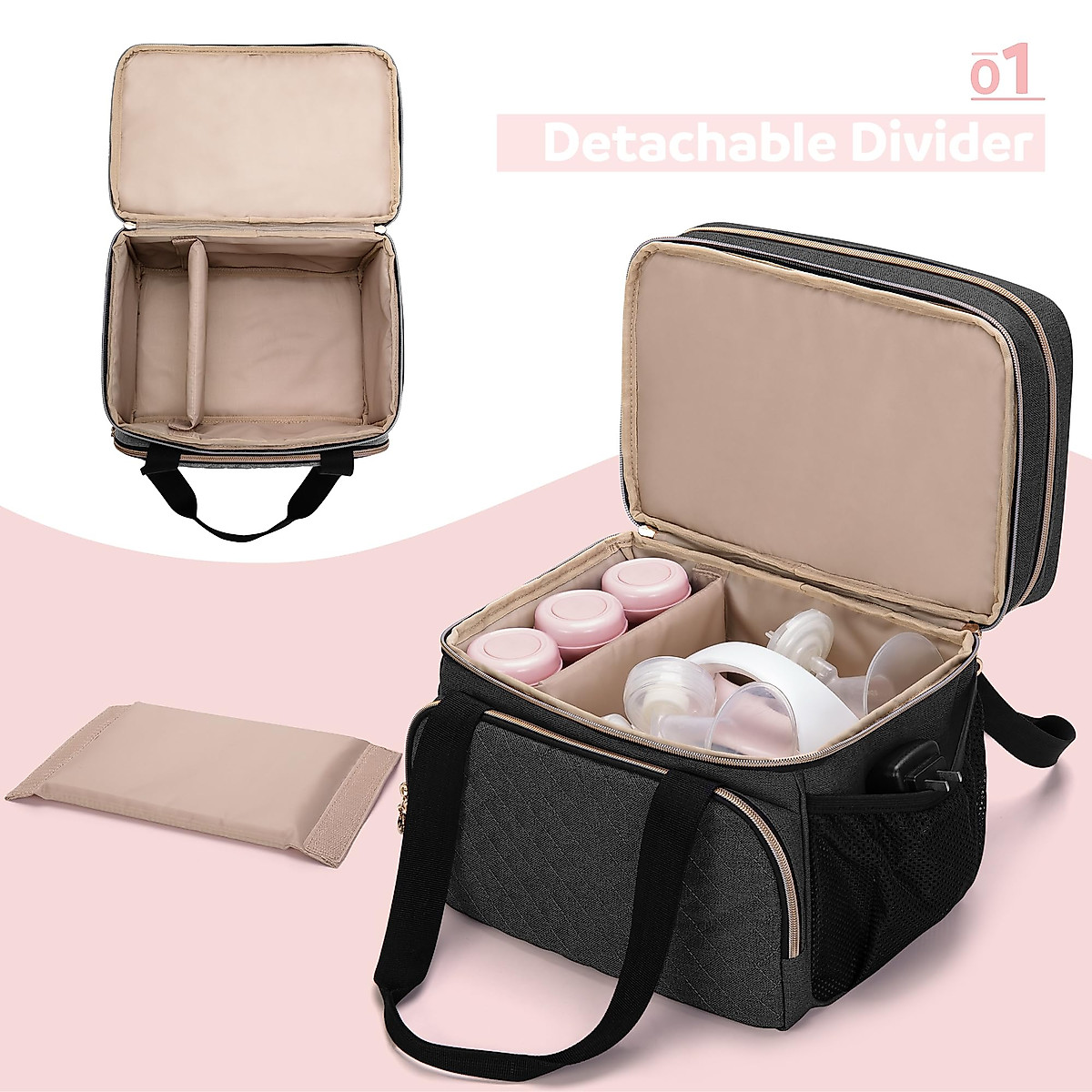 Luxja Double Layer Breast Pump Bag Compatible with Spectra S1 and S2, Pump Bag for Breast Pump and Extra Parts, Bag Only, Black