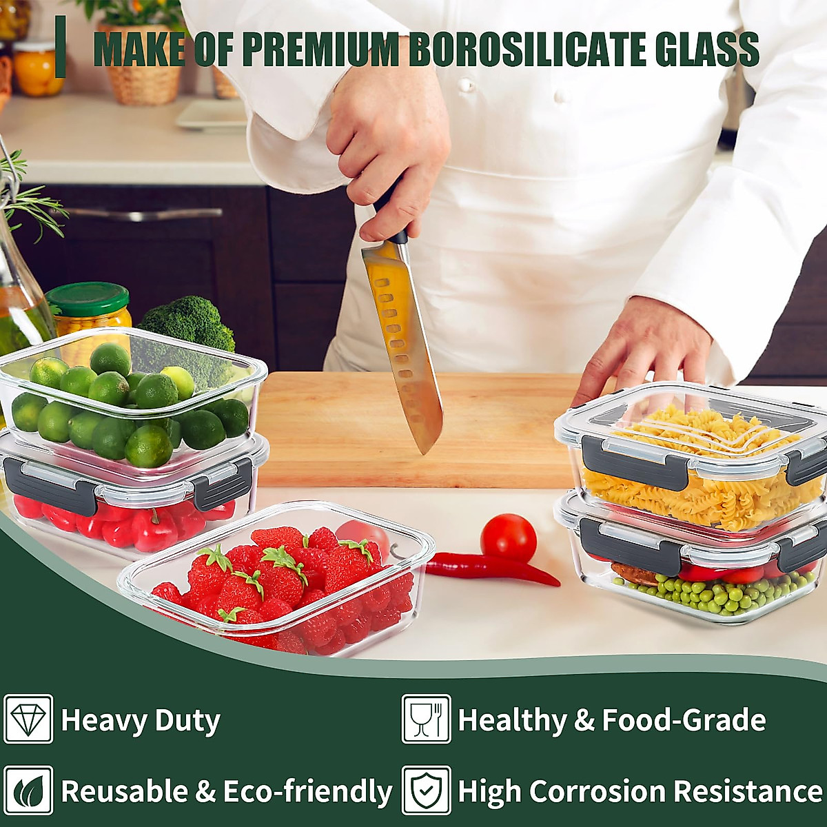 CEKEE Glass Meal Prep Containers with Lids, 5 Pack 36 OZ Glass Food Storage Containers, Airtight Glass Lunch Containers Set, Salad Container for Microwave, Oven, Freezer & Dishwasher Safe