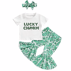 FIOMVA St Patricks Day Baby Girl Outfits Luck of the Irish Day Letter T Shirt+Floral Long Flare Pants Headband Set Summer Spring Clothes (Green St Patricks Day Lucky Charm Outfits, 6-12 Months)