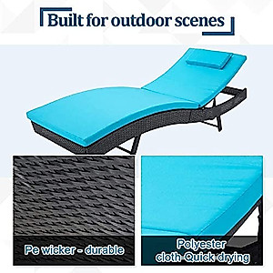 Cemeon Patio Adjustable Chaise Lounge Chair Outdoor Lounge Furniture, Black Wicker Sun Chaise with Turquoise Thick Cushion for Beach, Poolside, Yard (2 Pack)