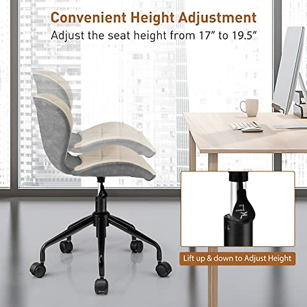 Giantex Home Office Desk Chair, 360° Swivel Height Adjustable Office Chair w/PU Leather, Modern Office Chair, Ergonomic Curved Wood Desk Chairs, Leather Armless Task Chair for Office, Beige & Grey