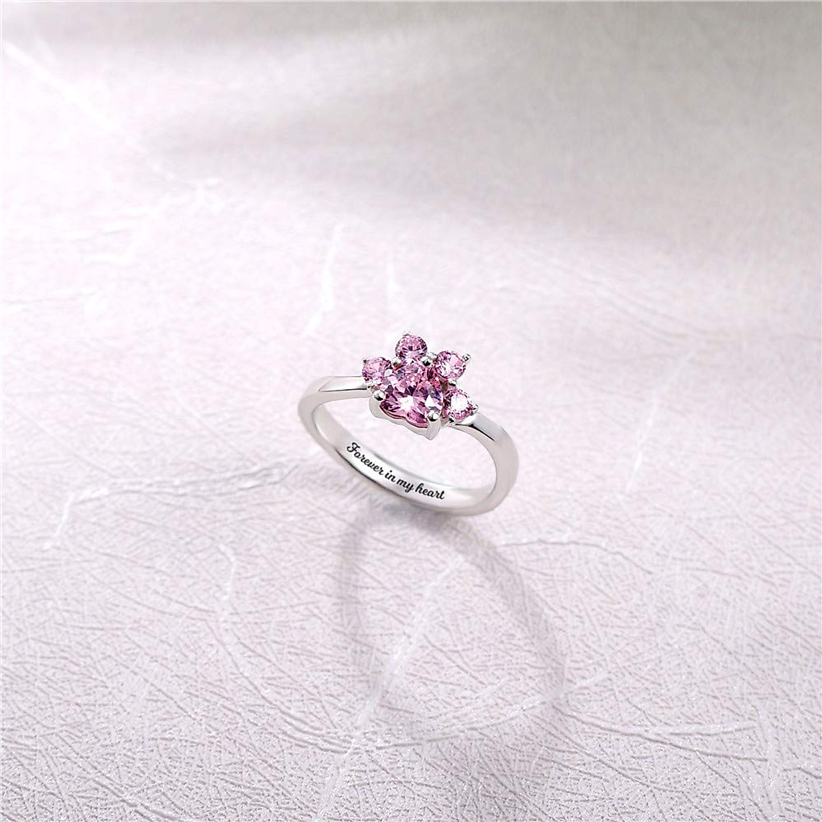 AILIN Custom Birthstone Rings 925 Sterling Silver Personlized Pet Paw Print Cubic Zirconia Inside Engraved Ring Birthday Jewelry Memorial Gifts For Women
