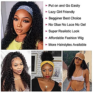 HeadBand Wig Curly Human Hair Wig None Lace Front Wigs for Black Women Deep Wave Machine Made Wigs Natural Color 150% Density 14inch