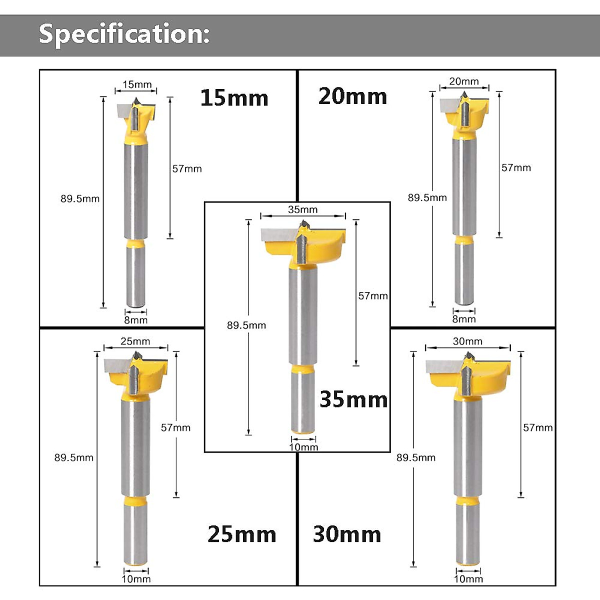 Yakamoz 5Pcs 15-35mm Carbide Forstner Drill Bit Set Hinge Hole Saw Cutter Wood Slabs Flat Wing Boring Drill Bits Auger Opener Woodworking Tool