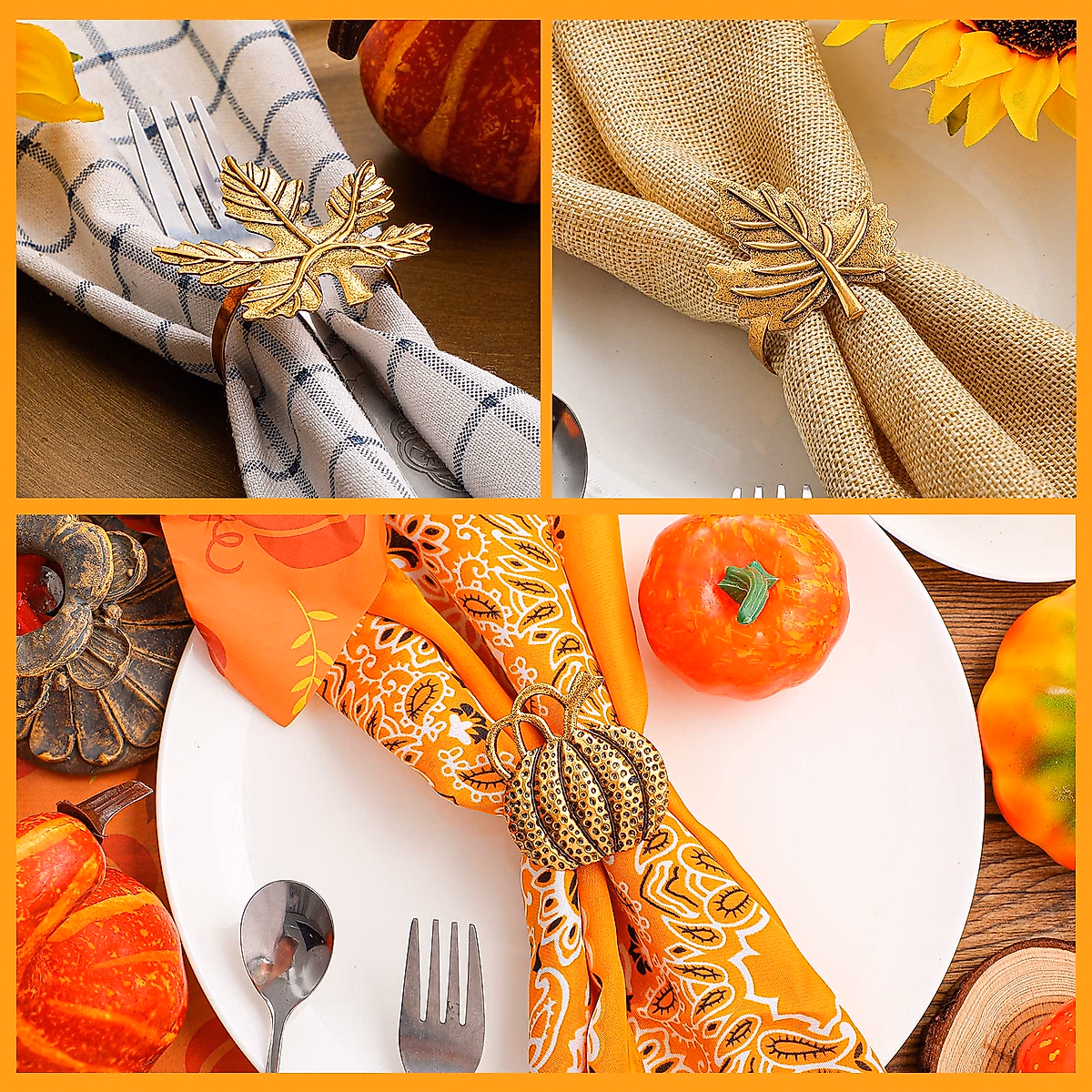 WILLBOND 12 Pcs Thanksgiving Napkin Ring Set Pumpkin Napkin Holders Fall Napkin Rings Fall Leaf Napkin Rings Alloy Napkin Holder Buckle for Halloween Home Party Table Decor Wedding Supplies(Classic)