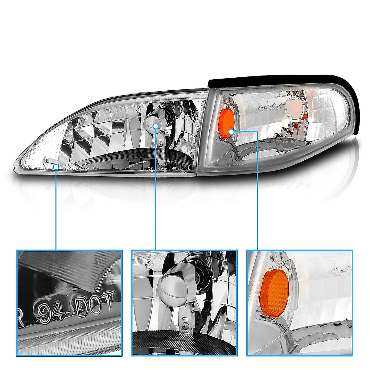 AmeriLite Chrome Replacement Headlights Corner Turn Signal Set For 94-98 Ford Mustang - Passenger and Driver Side