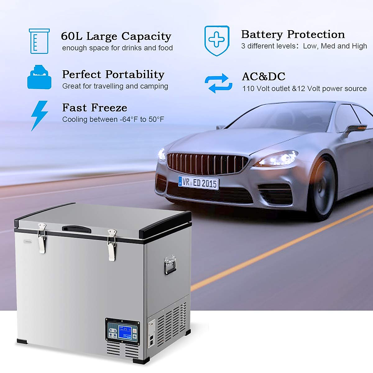 COSTWAY Chest Freezer, 63-Quart Compressor Travel Refrigerator with 3 Levels, -0.4°F to 50°F, Adjustable Temperature, LCD Display, 2.3 Cu.ft Single Door Vehicle Fridge for Car, Home, Camping