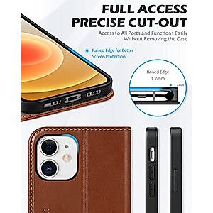SHIELDON Wallet Case for iPhone 12 5G, Genuine Leather Folio Case Magnetic Shock Absorbing Case RFID Blocking Credit Card Holder Kickstand Compatible with iPhone 12/12 Pro 6.1" - Retro Brown