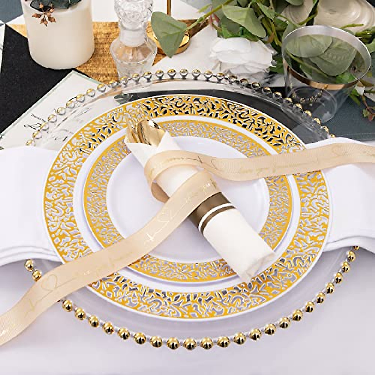 WELLIFE 350 Pieces Gold Plastic Dinnerware,Disposable Gold Lace Plates, Include:50 Dinner Plates,50 Dessert Plates, 50 Pre Rolled Napkins with Gold Silverware and 50 Cups