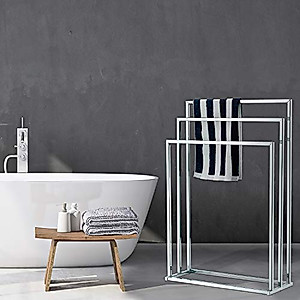 MyGift Silver Chrome Plated Metal Free Standing Towel Rack Stand with 3 Bars for Bathroom, Bedroom, Laundry Room, Blanket Rack