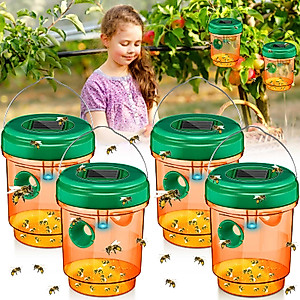 Qualirey 4 Pack Wasp Traps Solar Powered Bee Trap with UV LED Light Outdoor Hanging Fly Traps Reusable Hornet Trap Hornet Traps Wasp Killer for Indoor Outdoor Patio Garden Home (Orange)