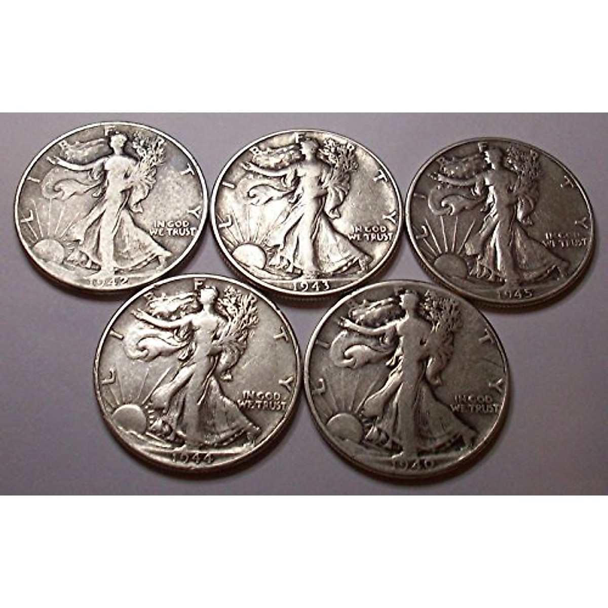 Count of 5 - Walking Liberty Half Dollar 5 Different Dates XF/VF 90% Silver Fine to Extra Fine