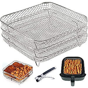 8 inch Square Air Fryer Rack, Set of 3, Stackable Multi-Layer Stainless Steel Dehydrator Rack, Square Air Fryer Accessories for Cosori, Instant Vortex, Nuwave Air Fryer