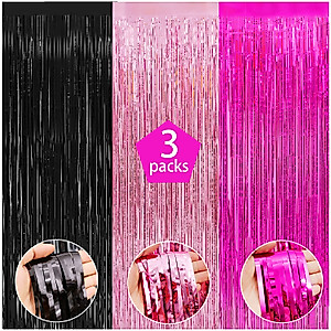 WIQEDOHA 3 Pack Foil Curtains-8x9.84 Ft Rose Red Pink and Black Fringe Metallic Backdrop Curtain for Minie Mouse Themed Baby Shower Birthday Nursery Party Decorations